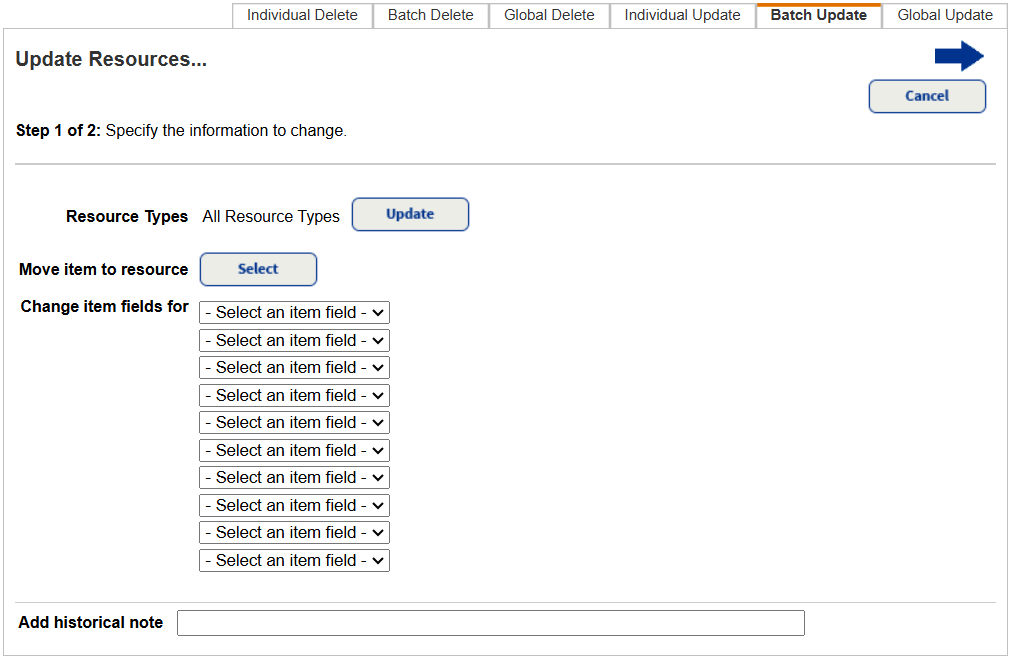 Batch Update Sub-tab (Step 1 of 2) (Resource Manager)