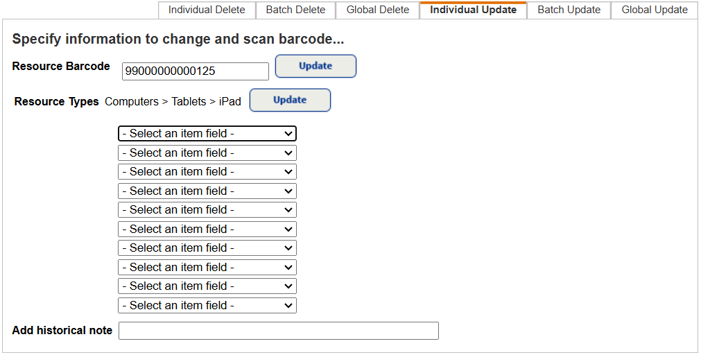 Individual Update Sub-tab (Resource Manager)