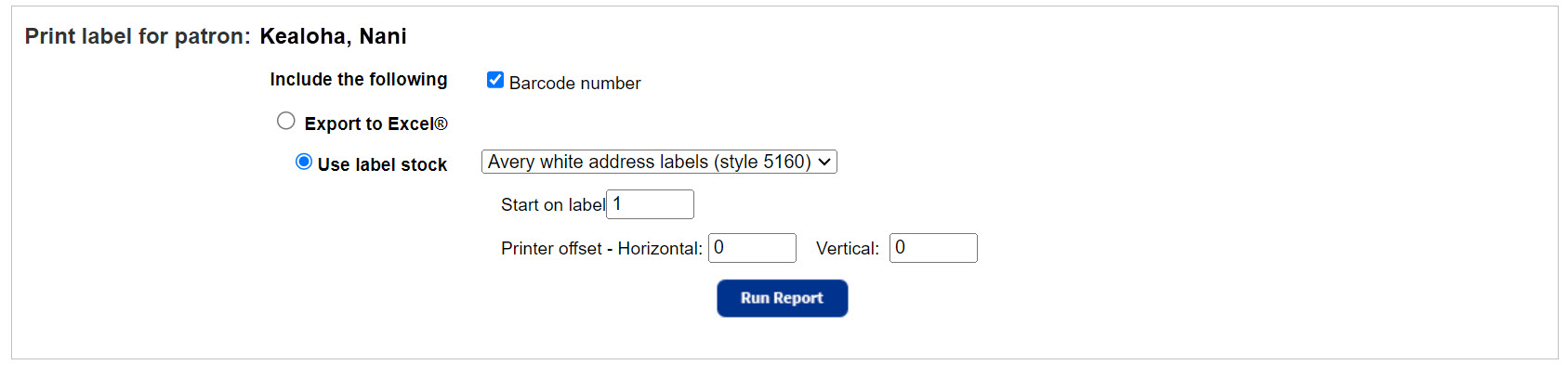 Print patron barcode labels