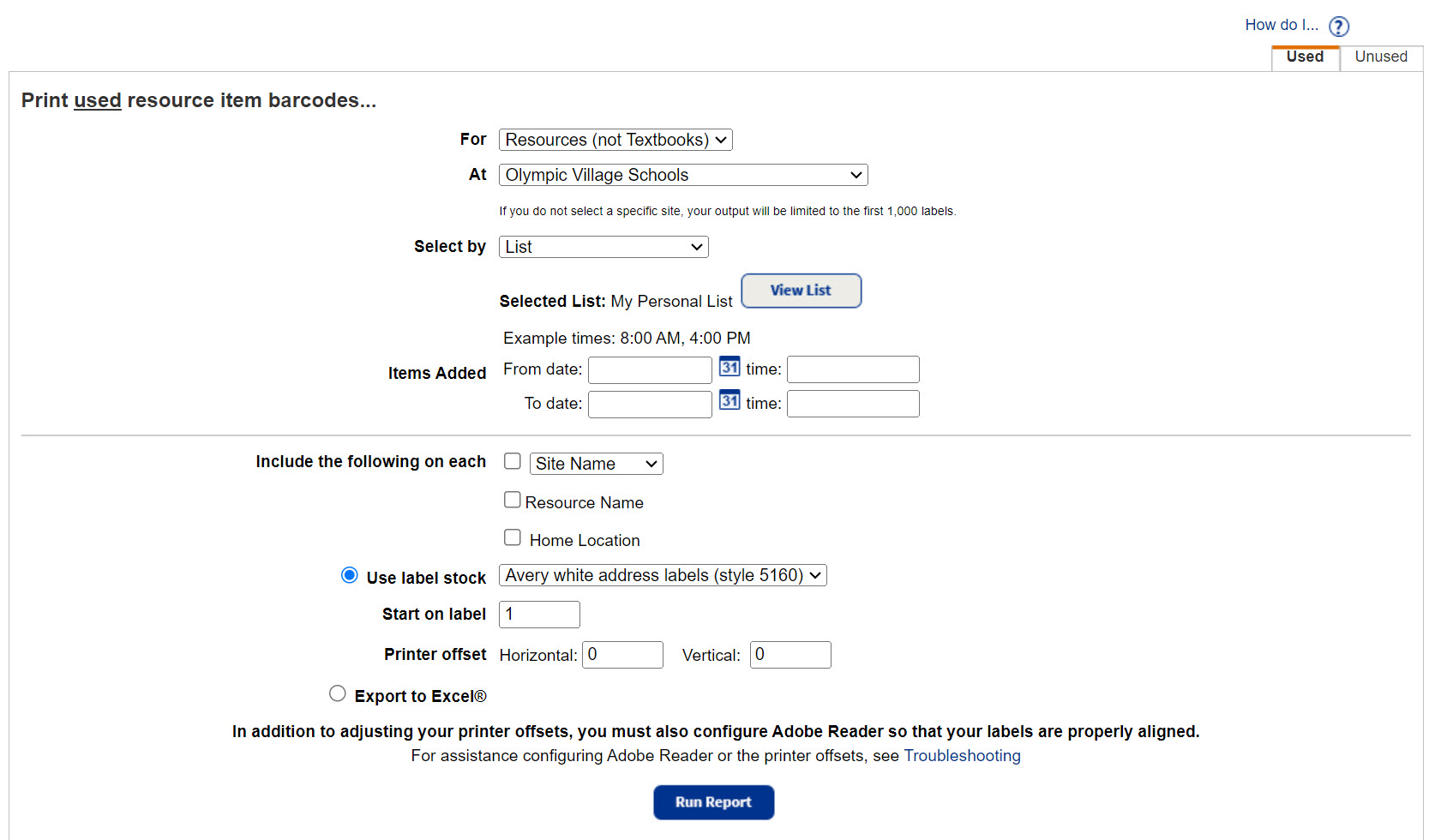 Print resource item barcode labels (Resource Manager)